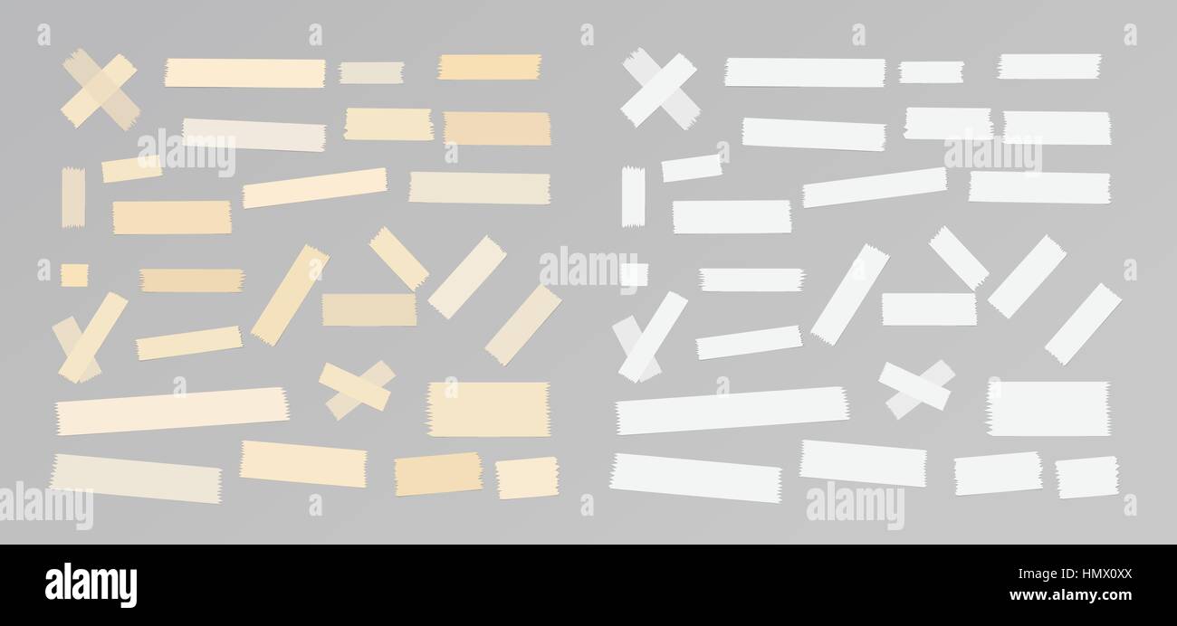 Sticky adhesive paper strips, masking tape, stuck on gray background ...