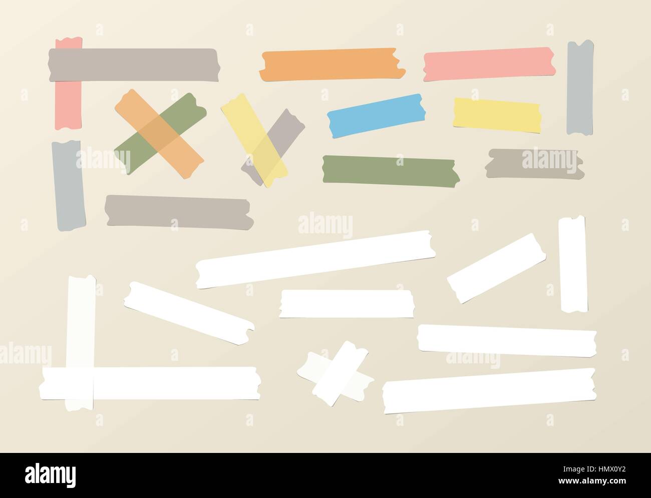 Different size sticky paper, adhesive, masking tape are on brown ...