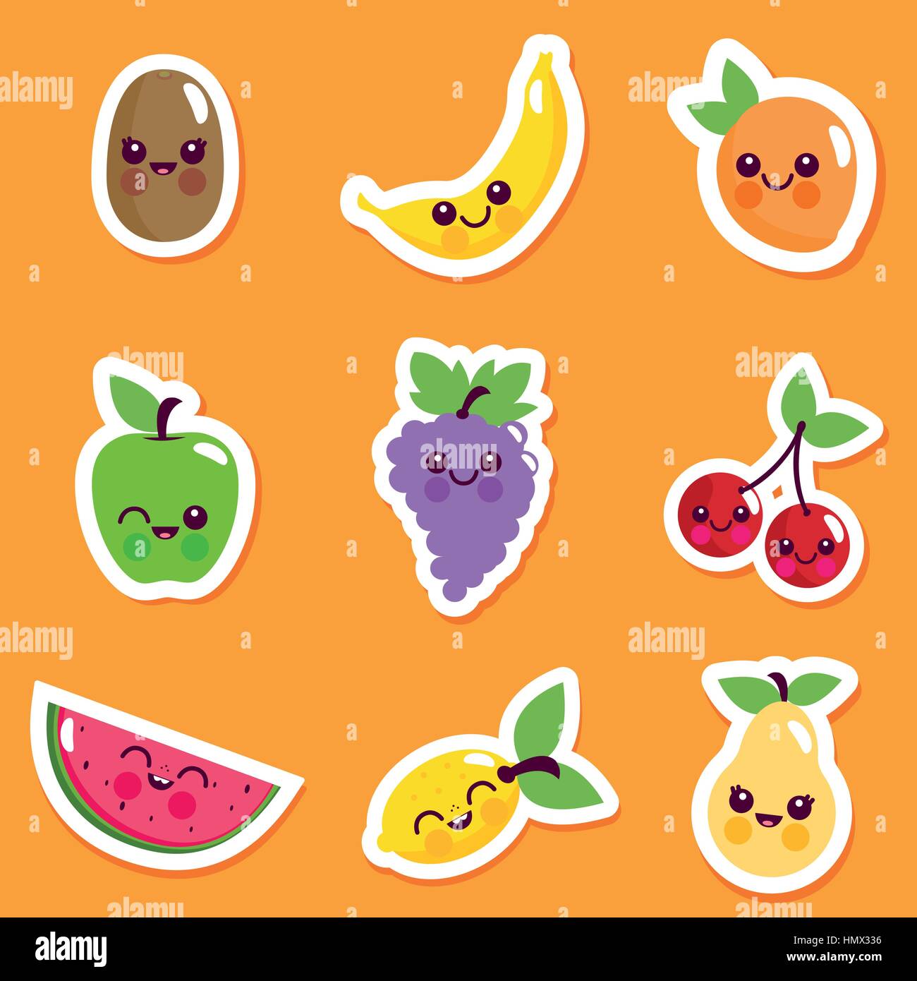Cute fruit sticker characters. Funny fruit cartoons. Kiwi, banana ...