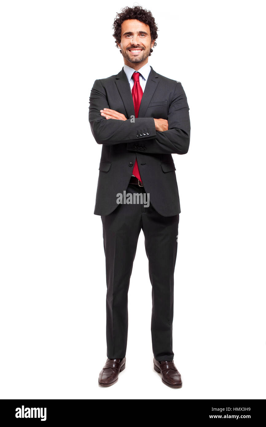 Happy smiling manager on white background full length Stock Photo - Alamy