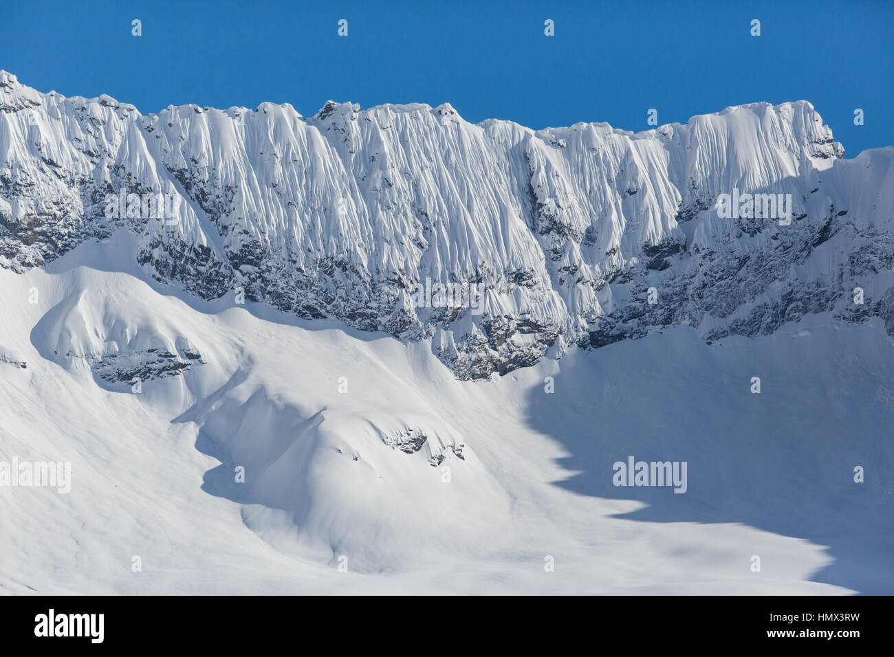 Mountain peaks and crests with snow in winter and blue sky Stock Photo ...