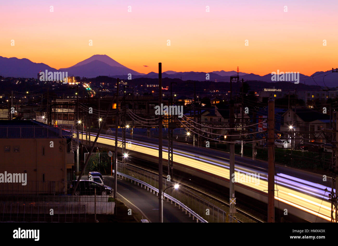 Evening view of Mount Fuji railway foreground Hino city Tokyo Japan ...