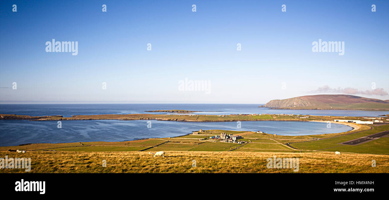 An evening view across the Sumburgh Hotel, Scatness and Fitful Head ...
