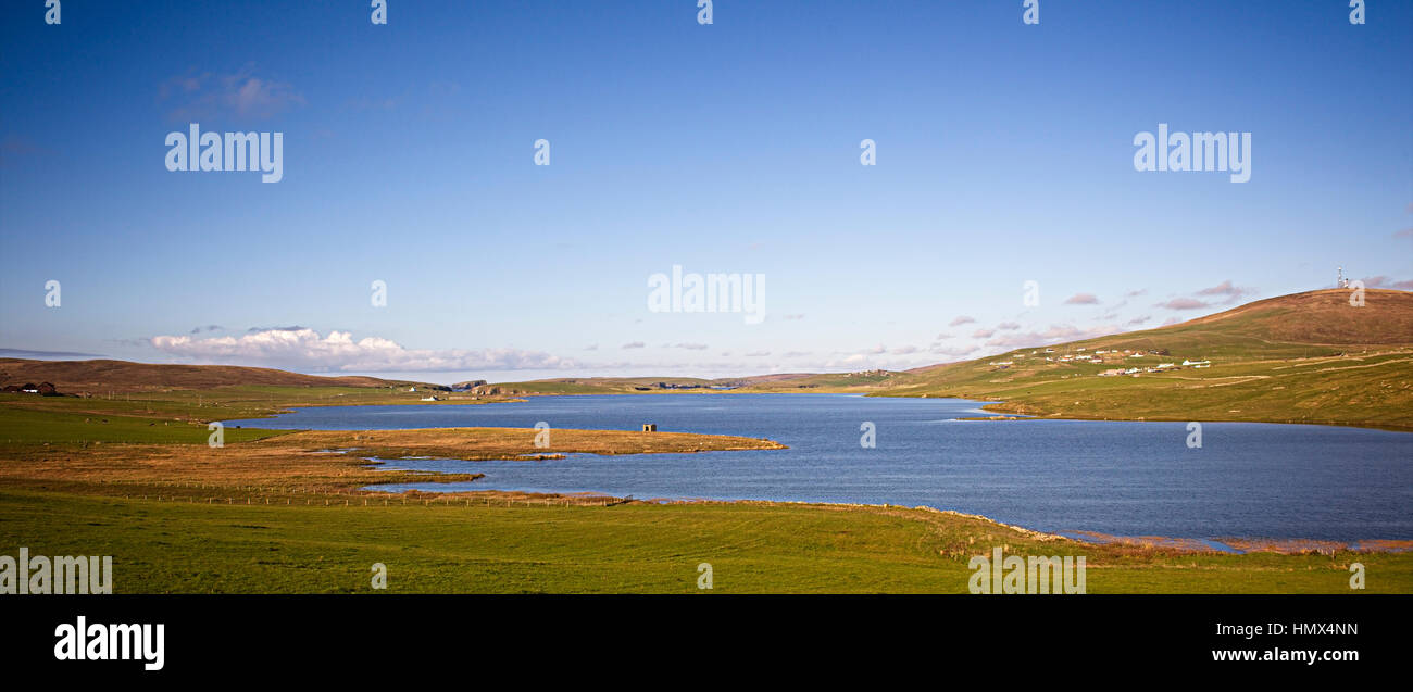 An evening view across Loch Spiggie, Mainland, Shetland, Scotland, UK ...