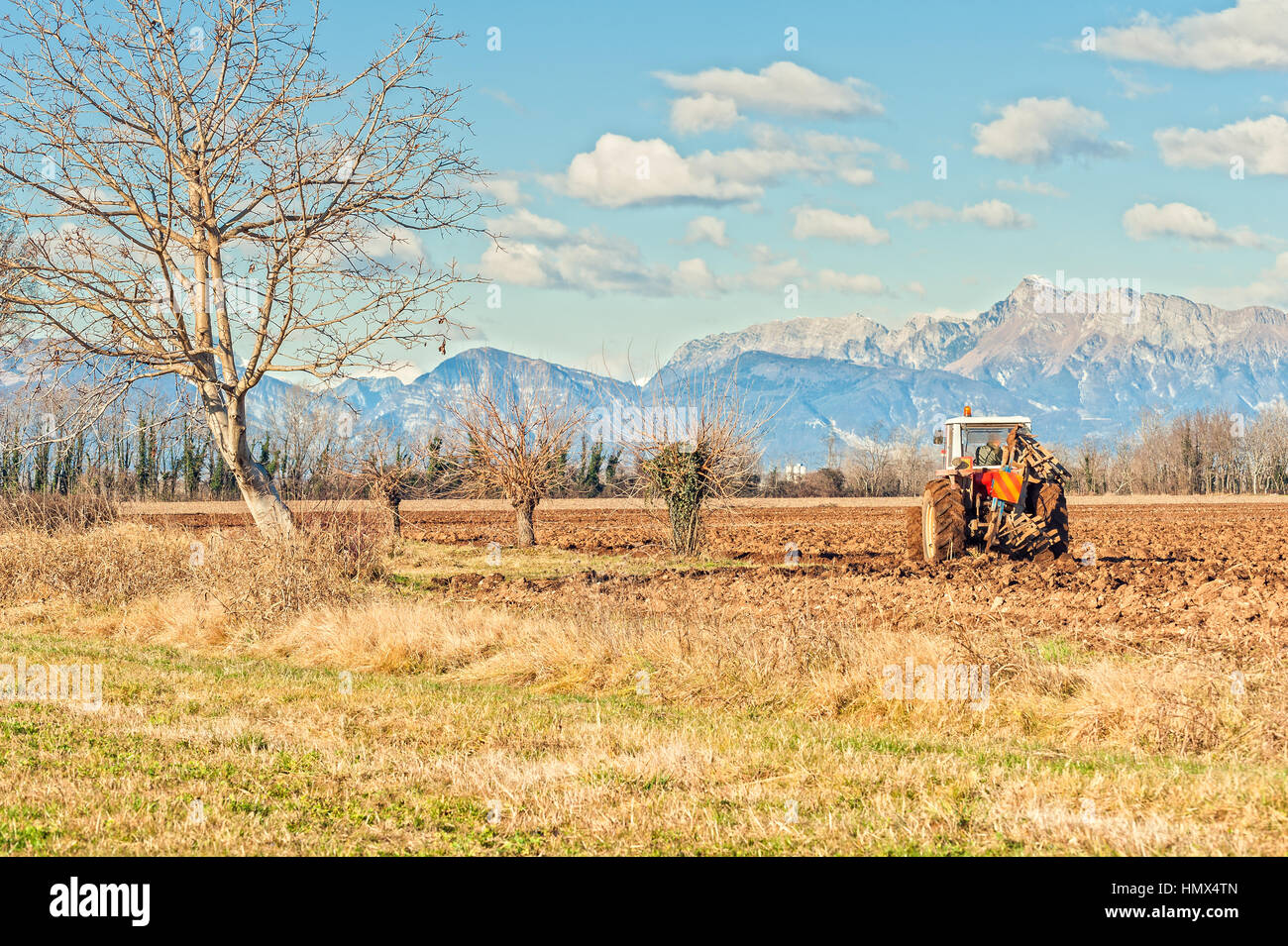 Agricultural landscape. With tractor plowing a field. The mountains in ...