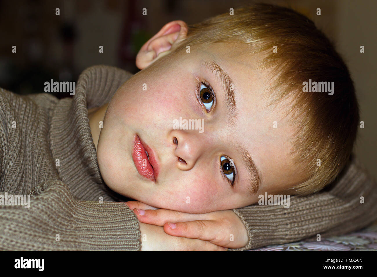 Portrait of serious looking handsome little boy child close-up Stock ...