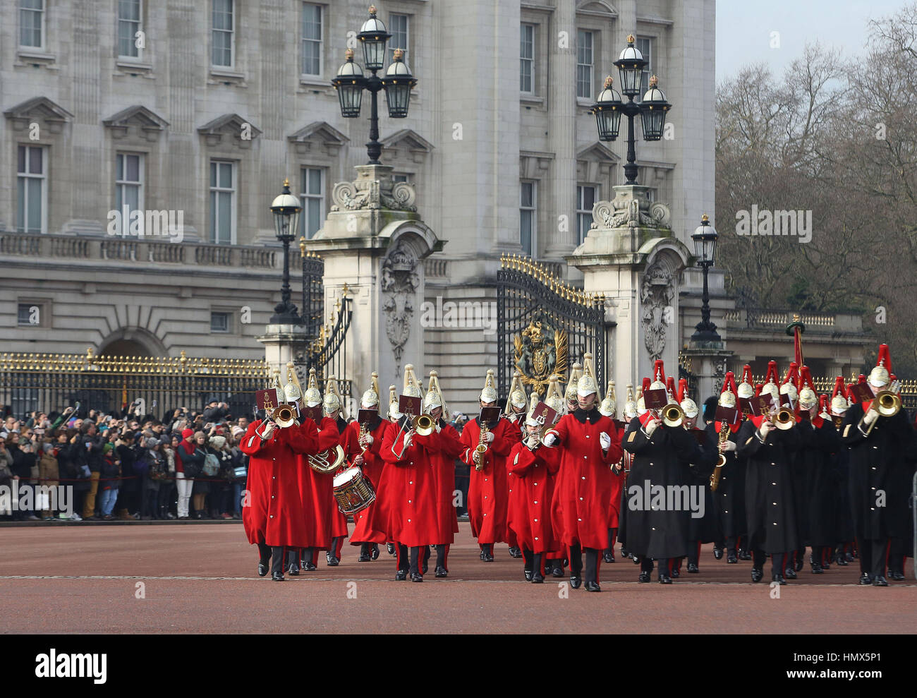 The band of the Household Cavalry outside Buckingham Palace in London during the Changing the ...