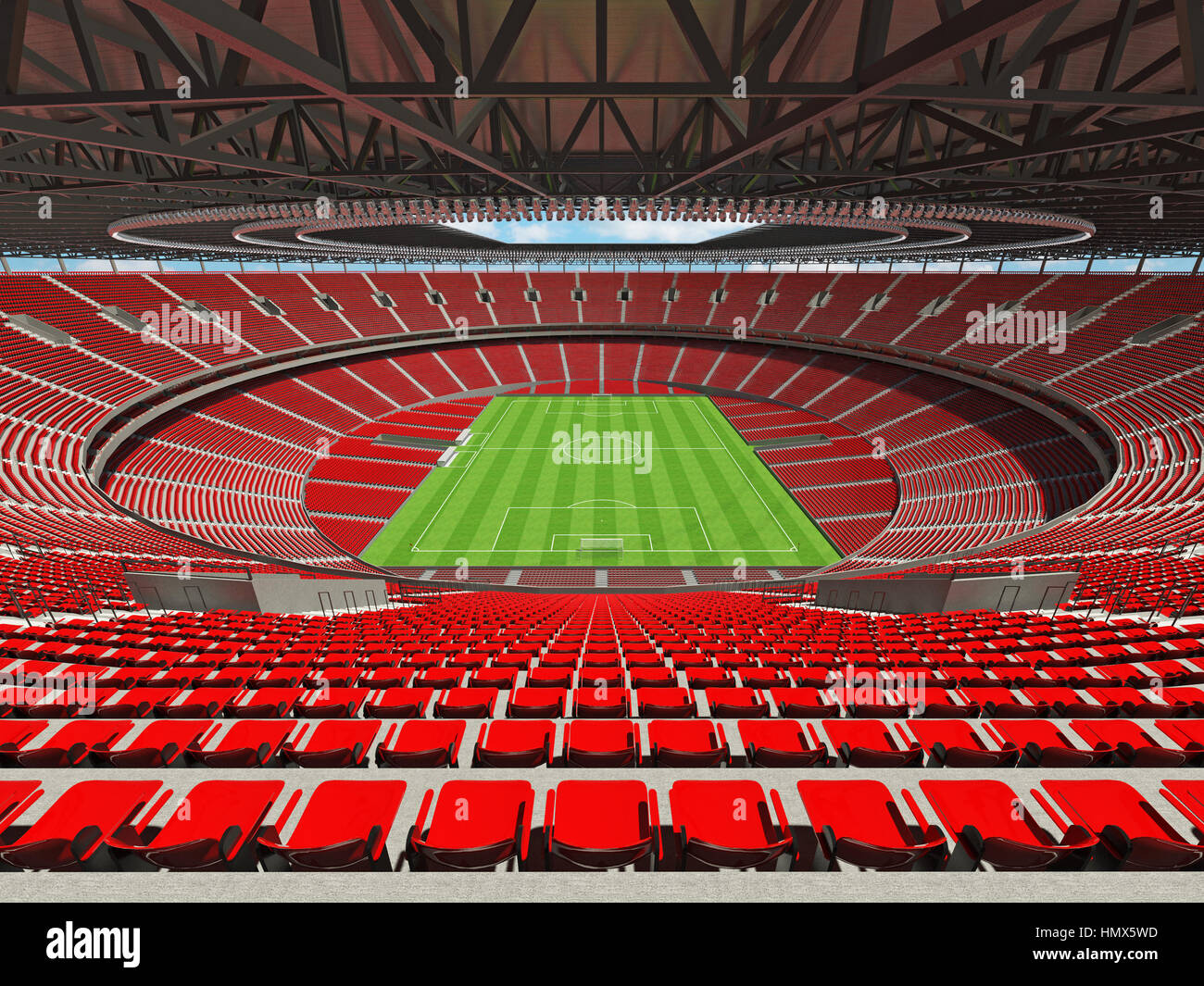 3D render of a round football - soccer stadium with red seats and VIP ...