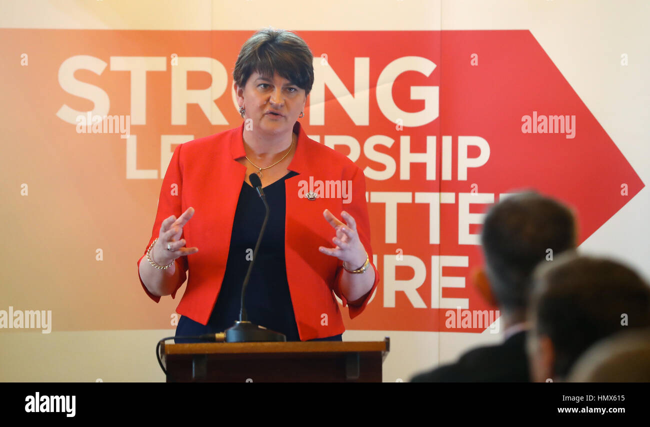 DUP leader Arlene Foster makes a speech at Brownlow House in Lurgan, Co ...