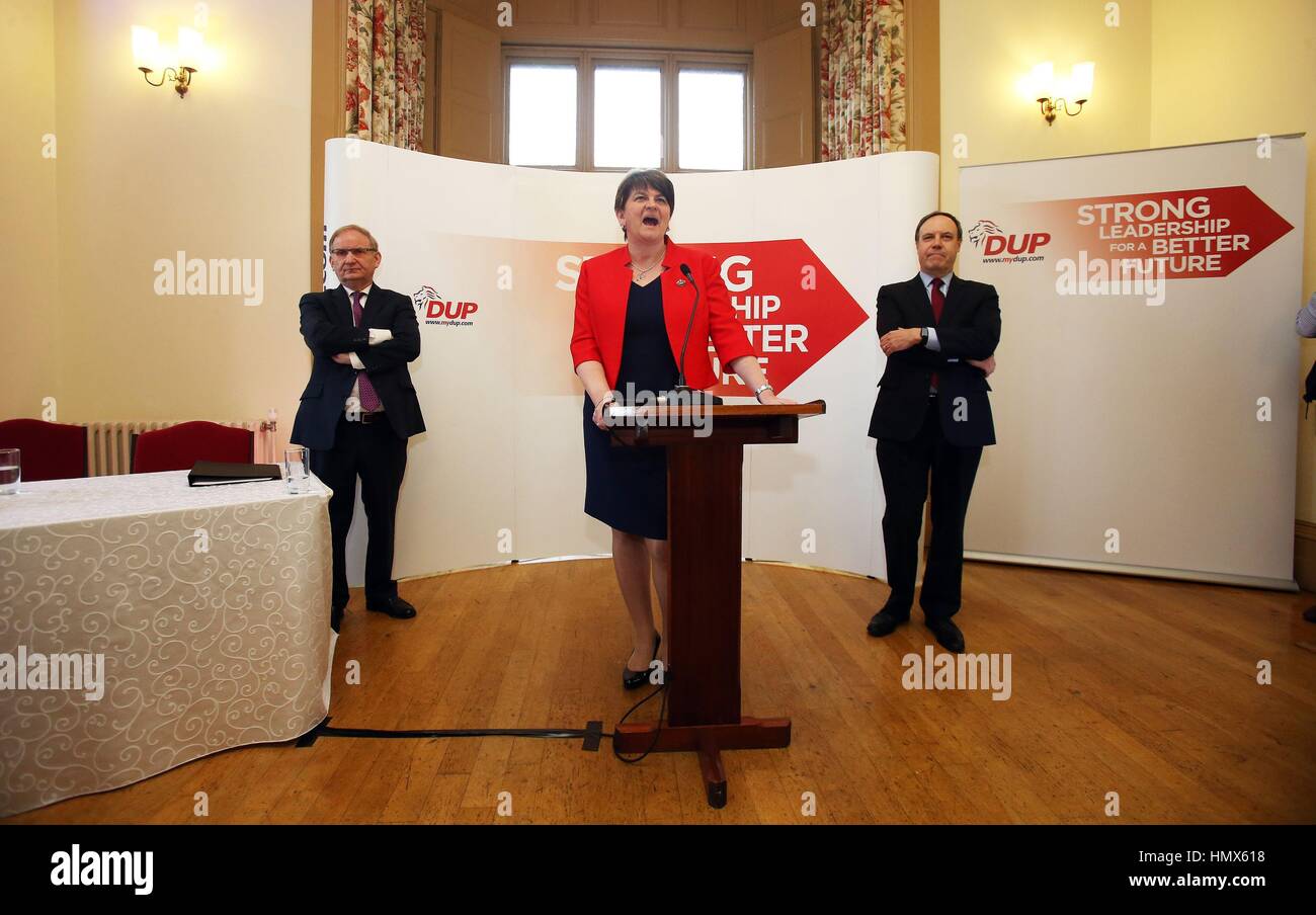 DUP leader Arlene Foster makes a speech at Brownlow House in Lurgan, Co ...