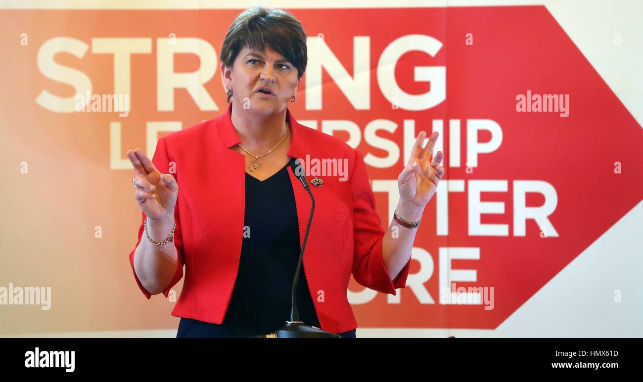 DUP leader Arlene Foster makes a speech at Brownlow House in Lurgan, Co ...