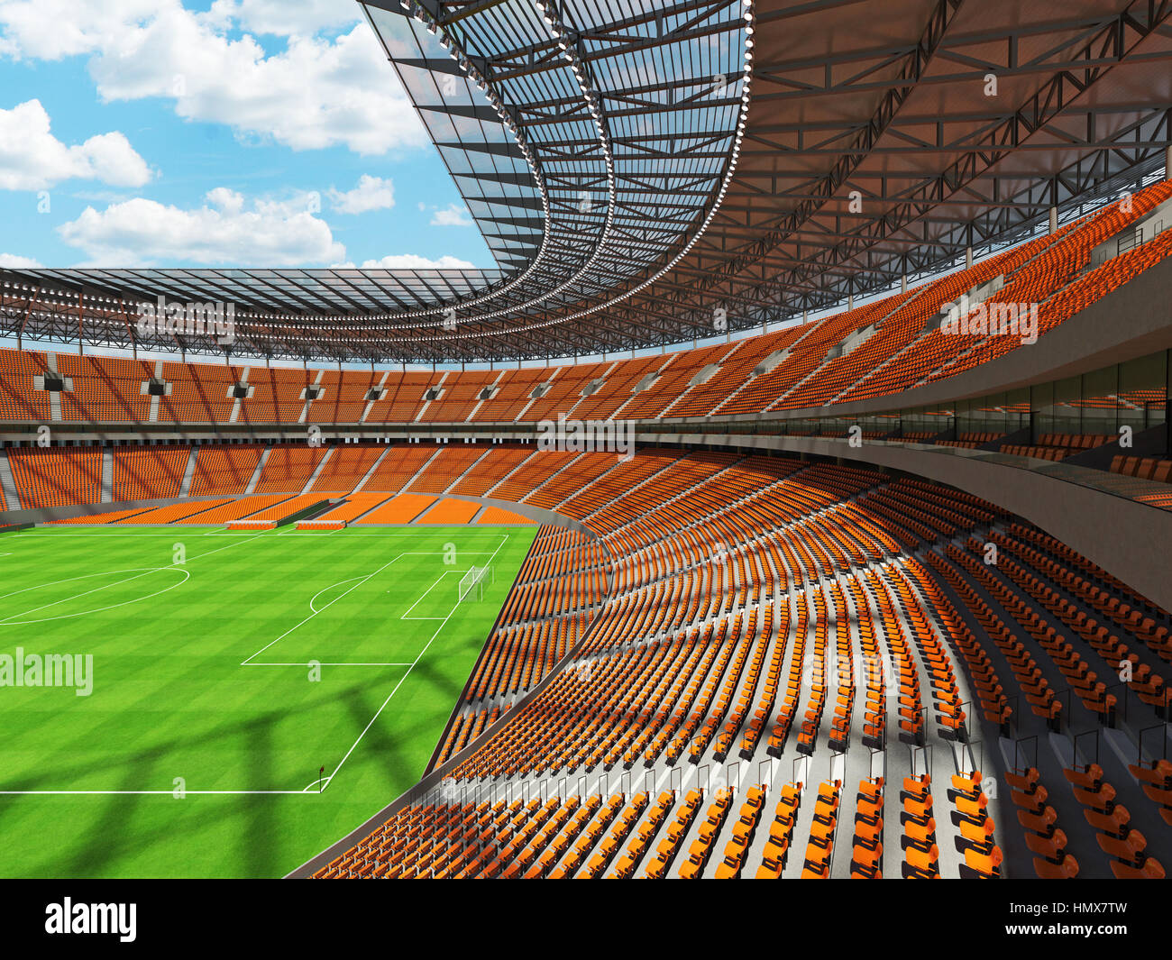 3D render of a round football - soccer stadium with orange seats and ...