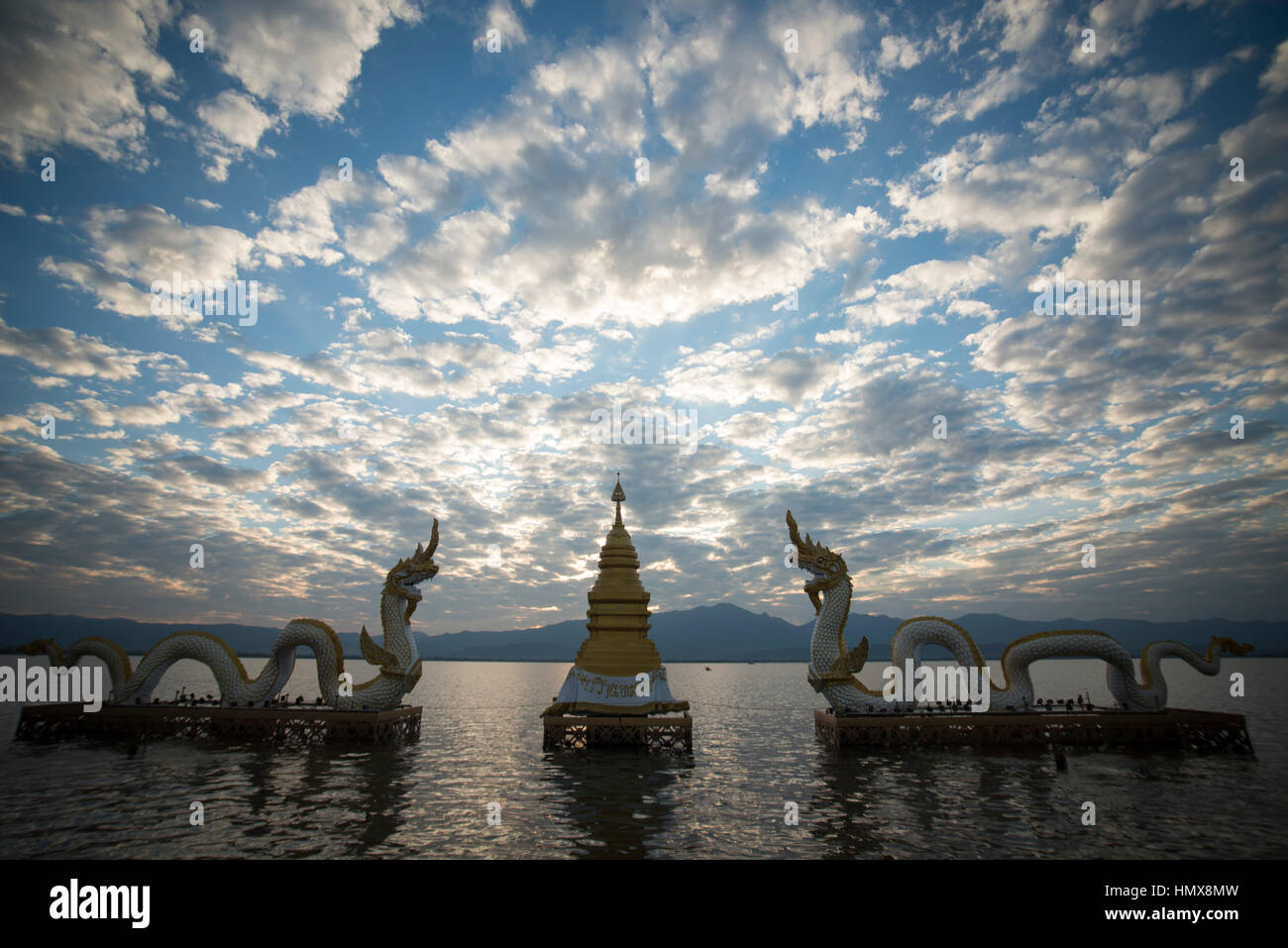 the phayanak or Naga Statue in the landscape at the lake of Kwan Phayao ...