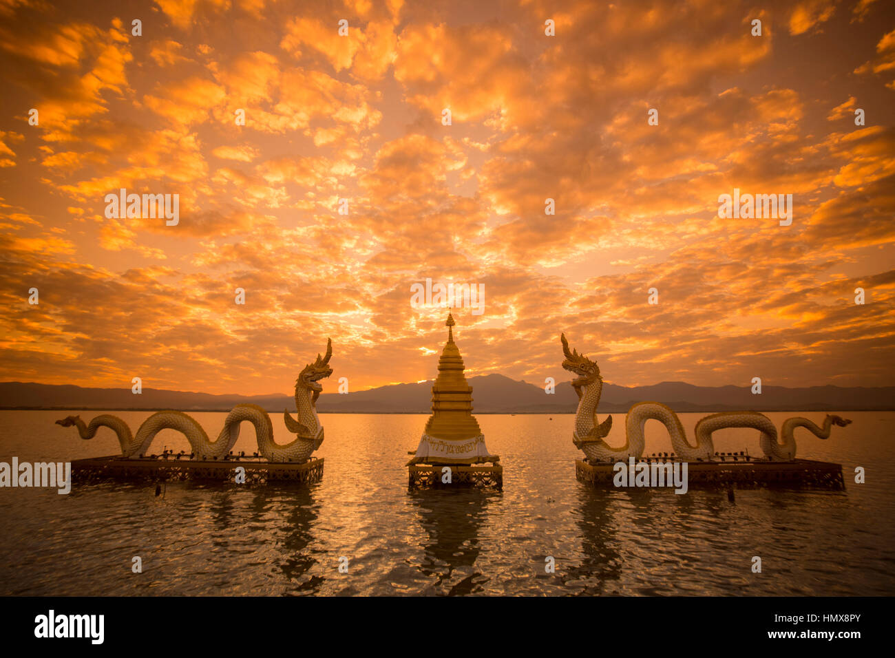 the phayanak or Naga Statue in the landscape at the lake of Kwan Phayao ...