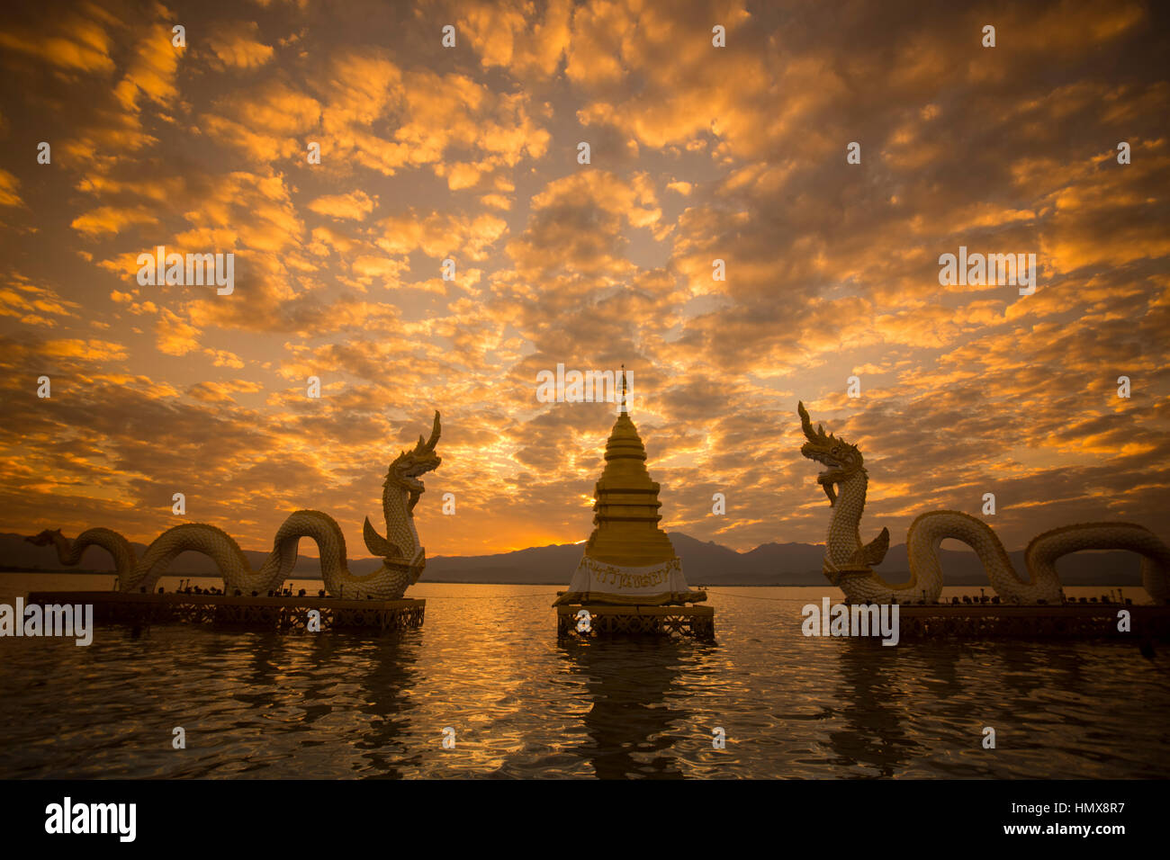 the phayanak or Naga Statue in the landscape at the lake of Kwan Phayao ...
