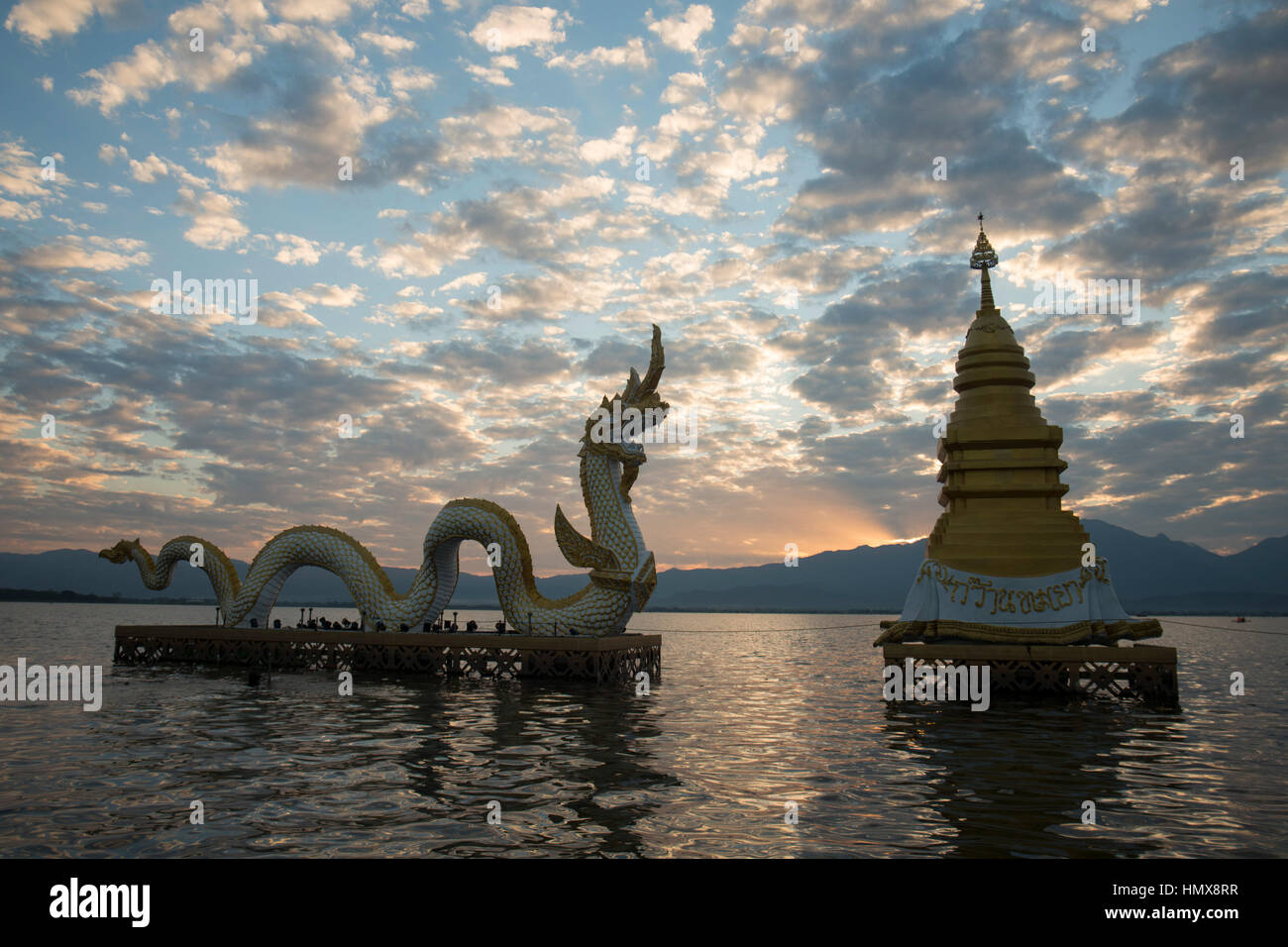the phayanak or Naga Statue in the landscape at the lake of Kwan Phayao ...