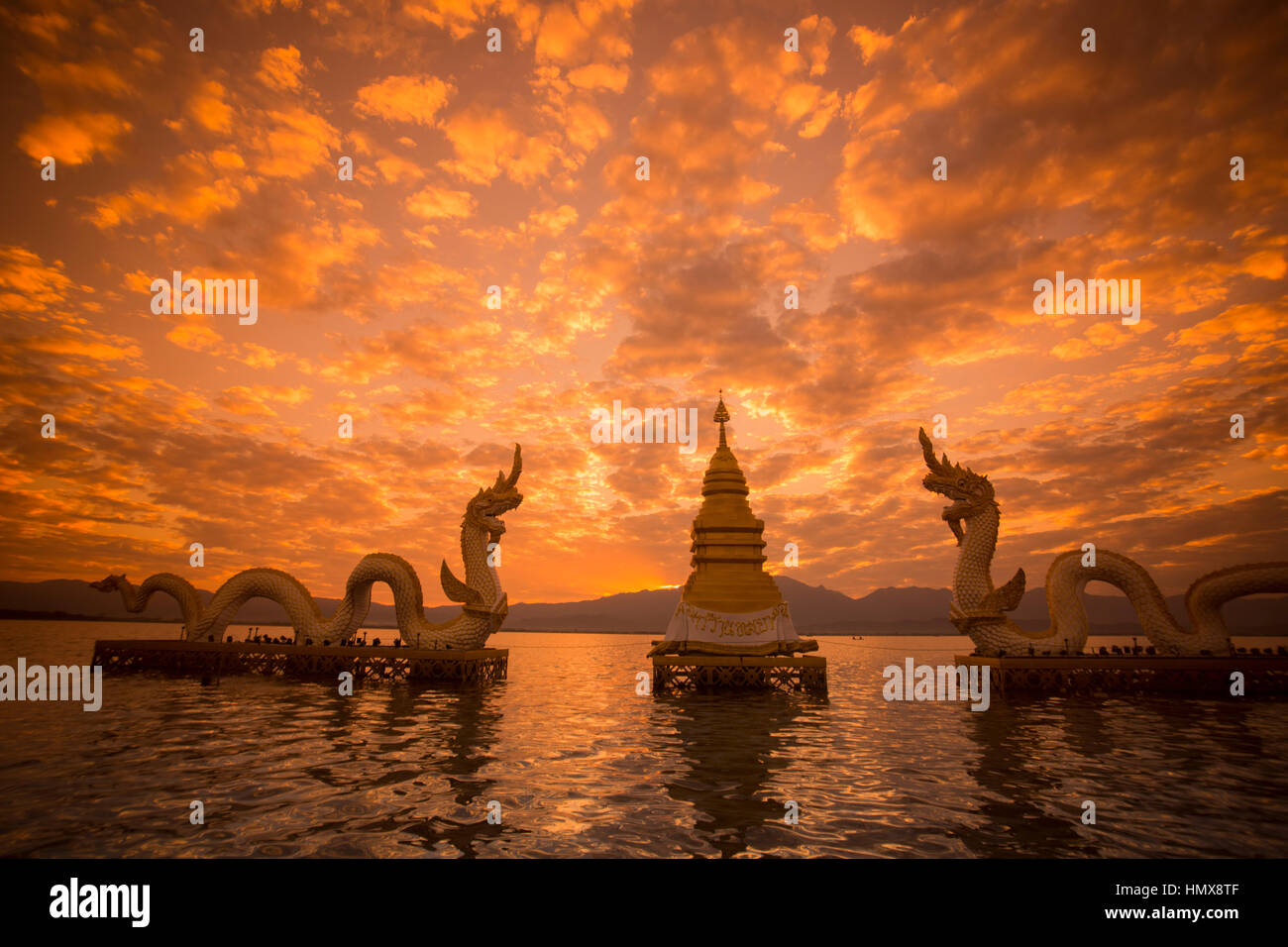the phayanak or Naga Statue in the landscape at the lake of Kwan Phayao ...