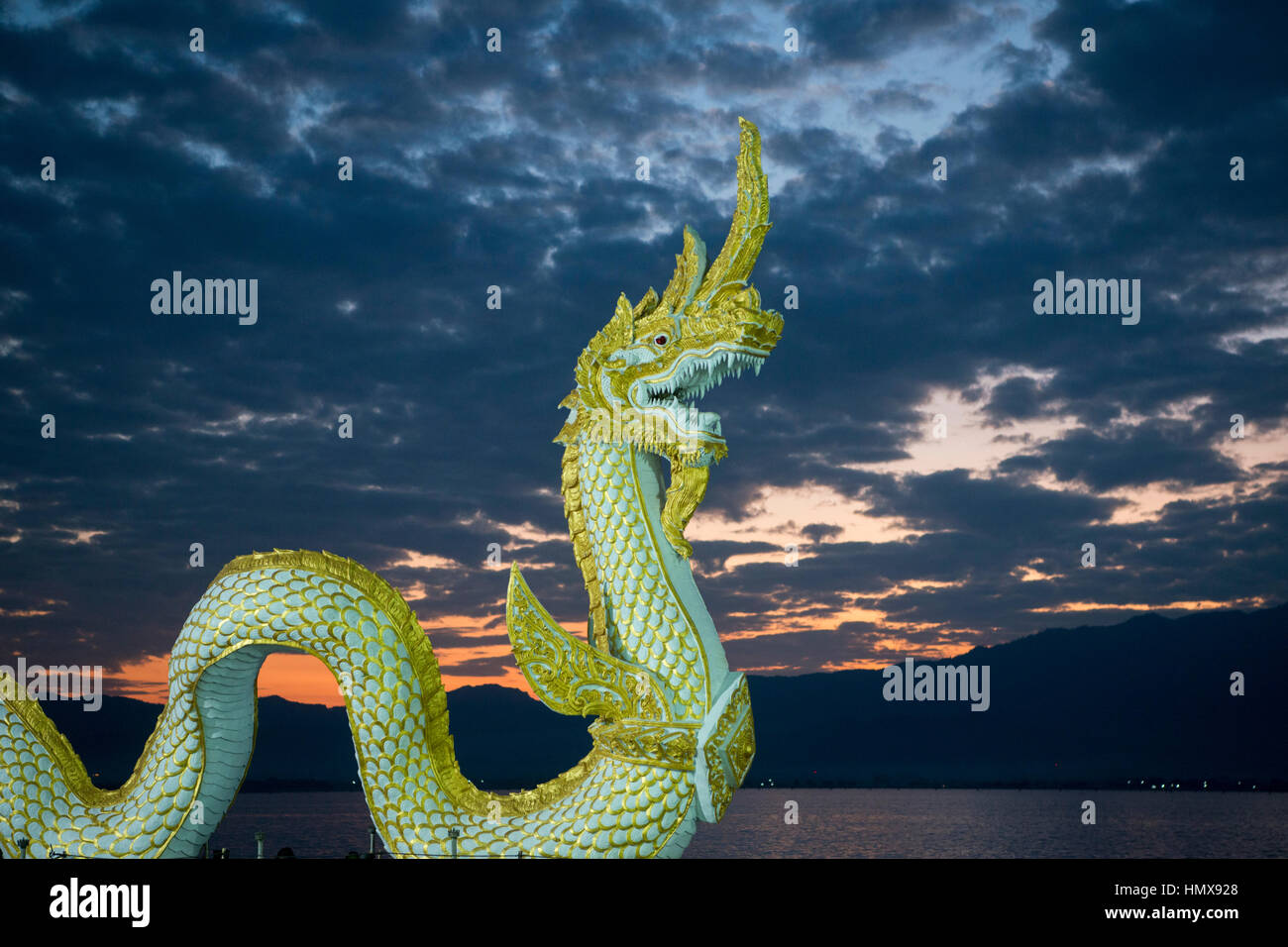 the phayanak or Naga Statue in the landscape at the lake of Kwan Phayao ...