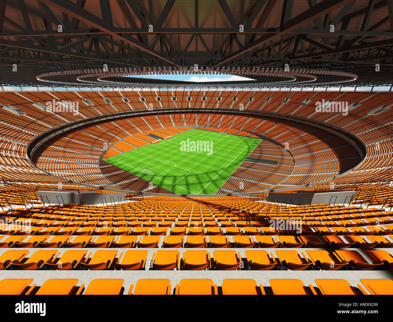 3D render of a round football - soccer stadium with orange seats and ...