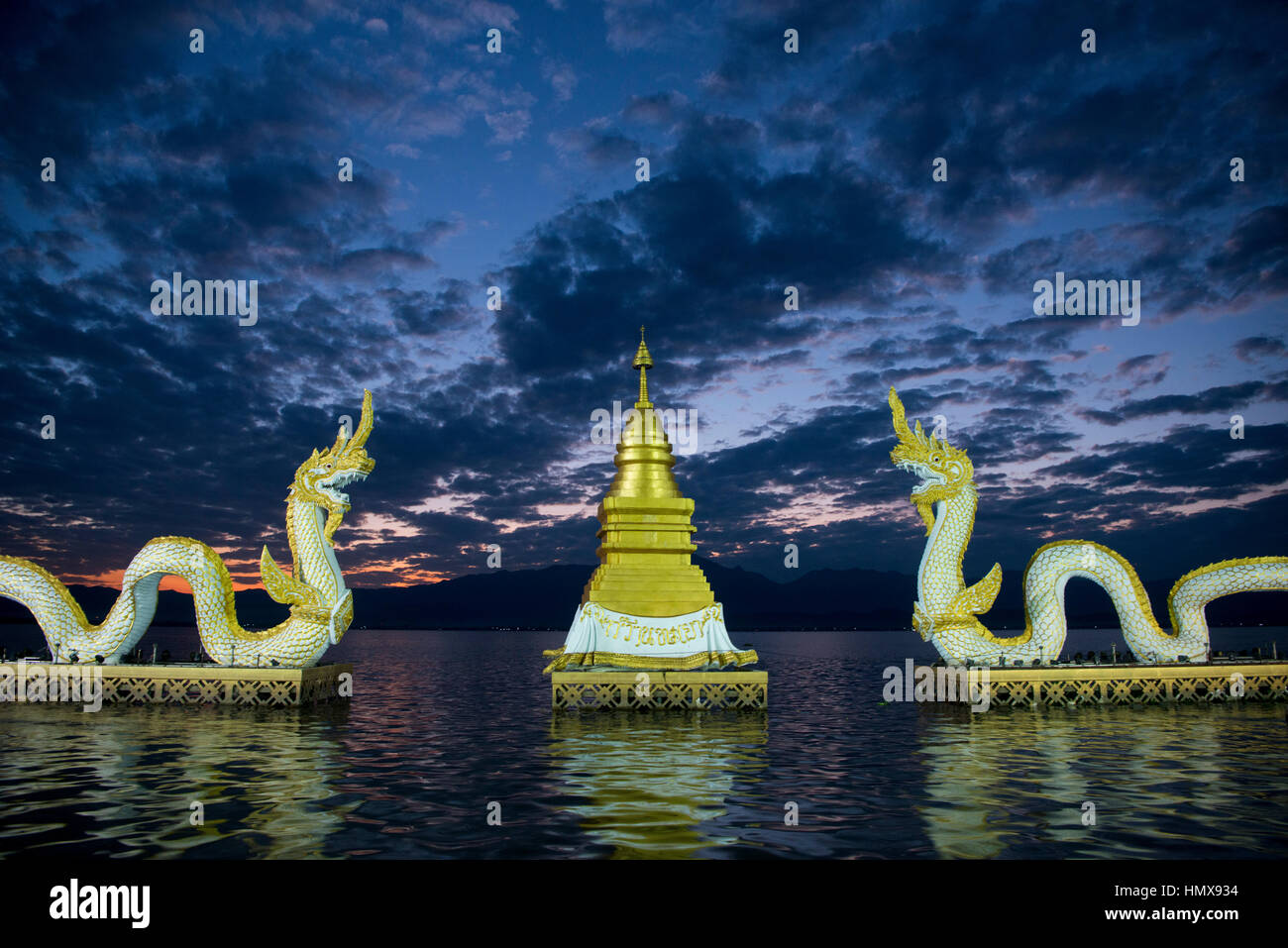 the phayanak or Naga Statue in the landscape at the lake of Kwan Phayao ...