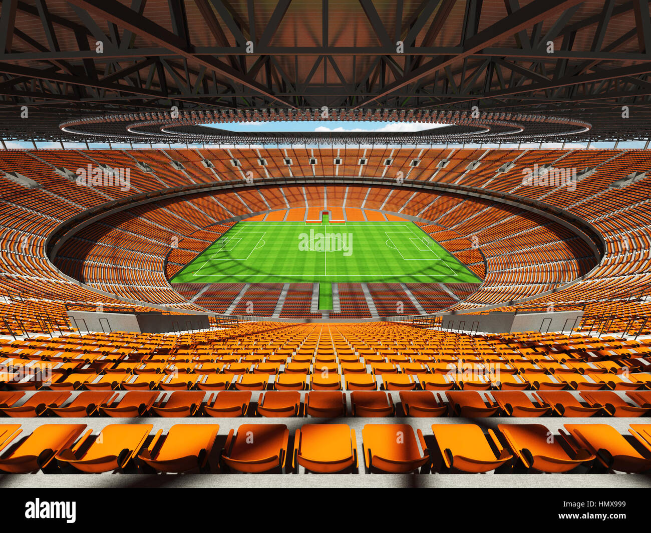 3D render of a round football - soccer stadium with orange seats and ...