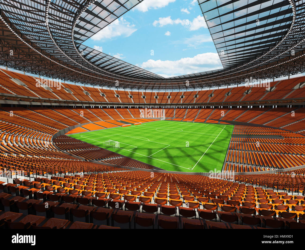 3D render of a round football - soccer stadium with orange seats and ...