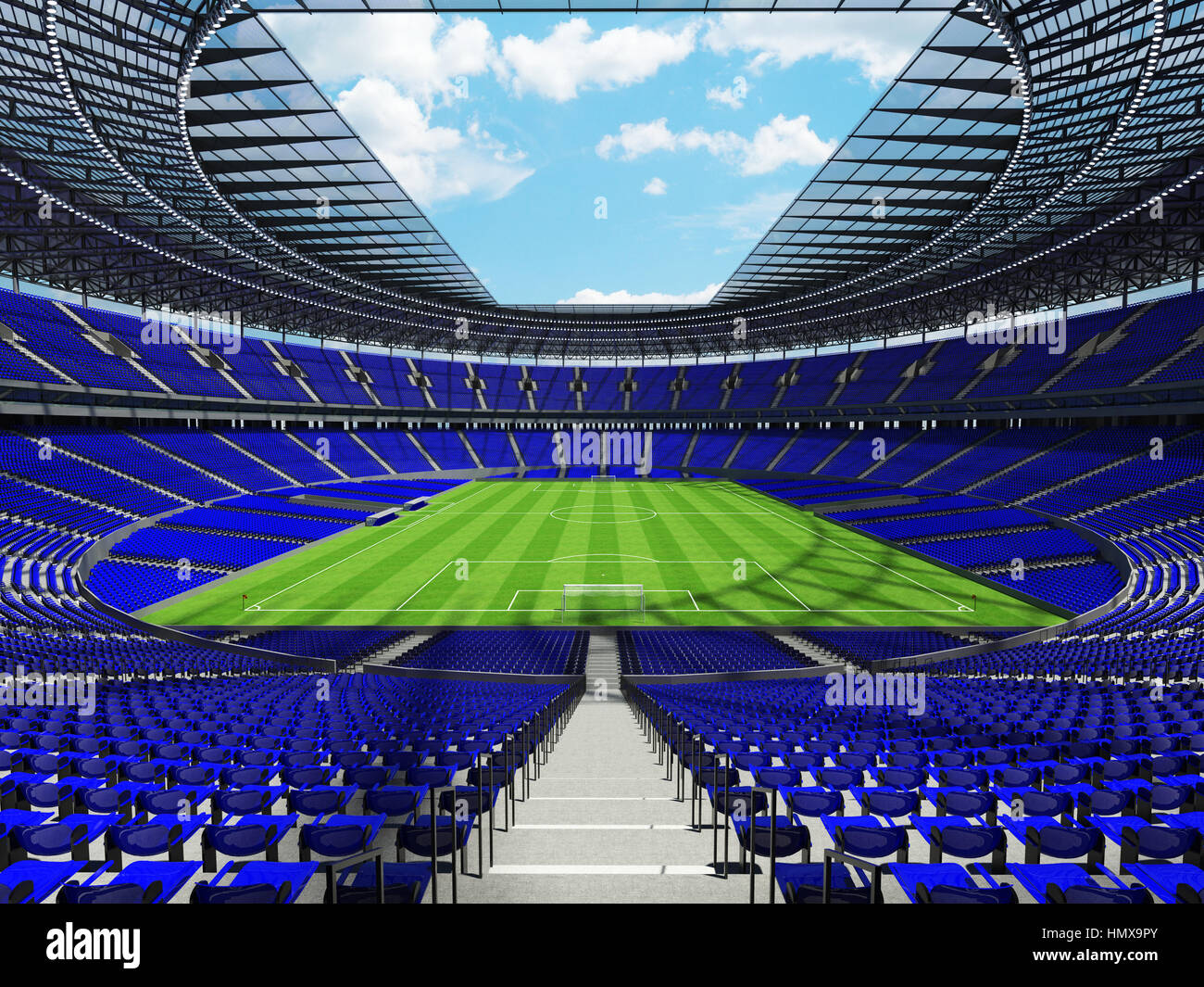 3D render of a round football - soccer stadium with blue seats for ...