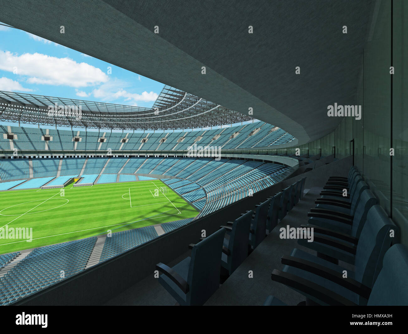 3D render of a round football - soccer stadium with sky blue seats for ...