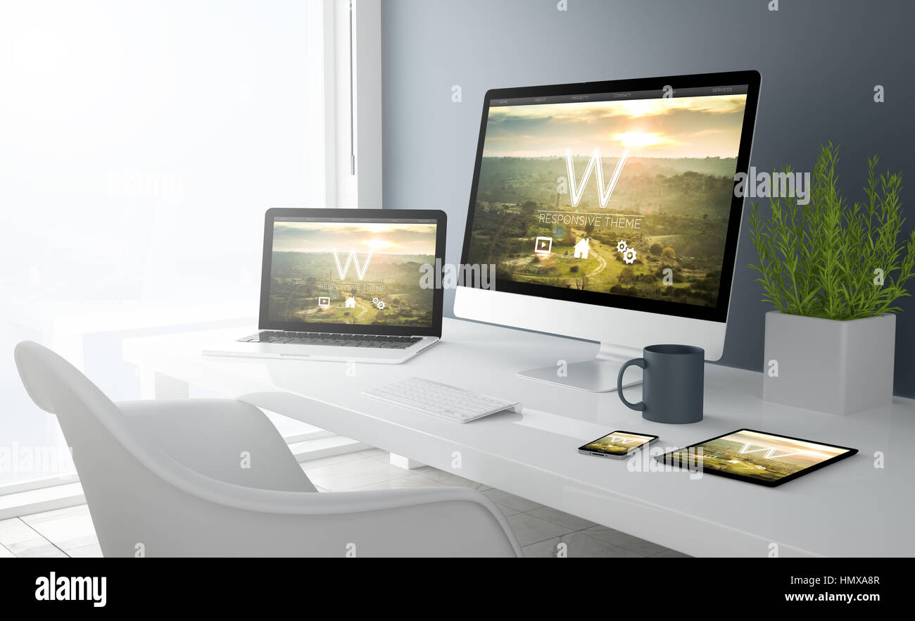3d rendering of desktop with all devices showing modern design website ...
