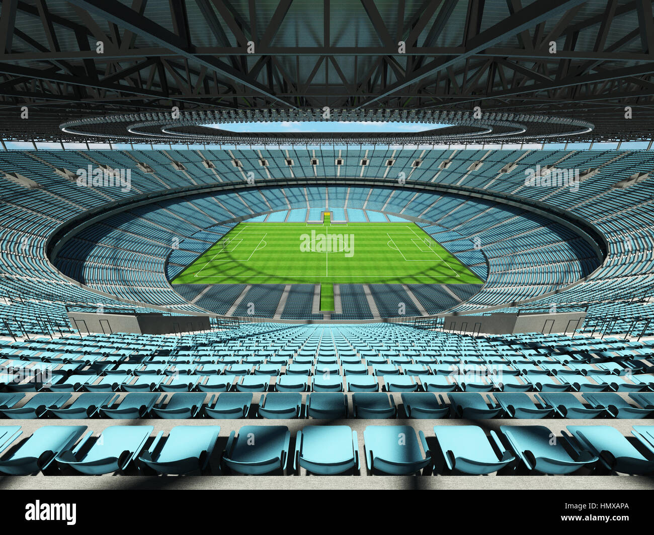 3D render of a round football - soccer stadium with sky blue seats for ...