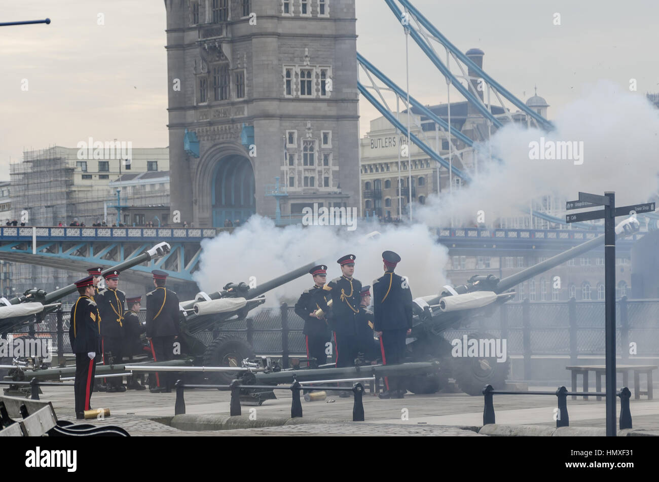London, UK. 6 February, 2017 Guns are fired at the Tower of London to ...