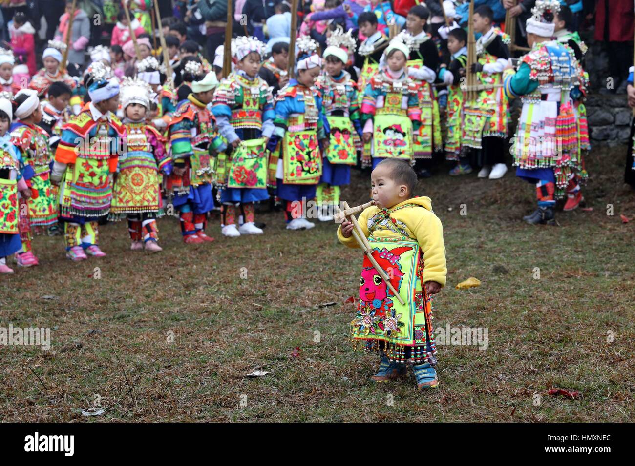 Guizhou, China. 6th Feb, 2017. Miao people wearing traditional clothes ...
