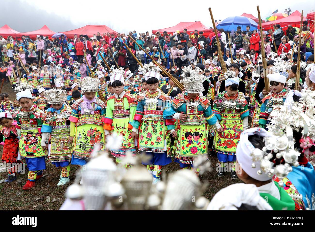 Guizhou, China. 6th Feb, 2017. Miao people wearing traditional clothes ...