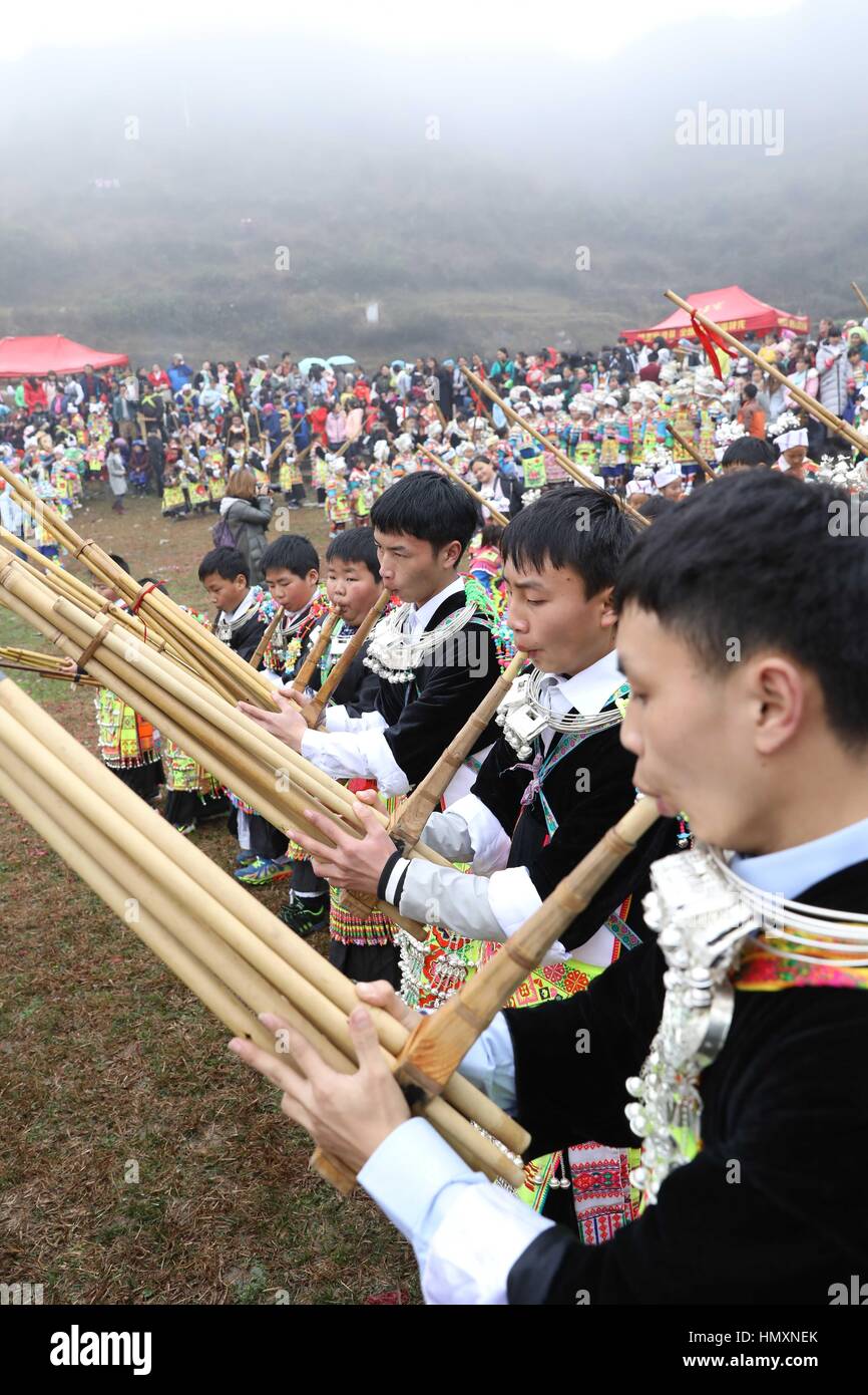 Guizhou, China. 6th Feb, 2017. Miao people wearing traditional clothes ...