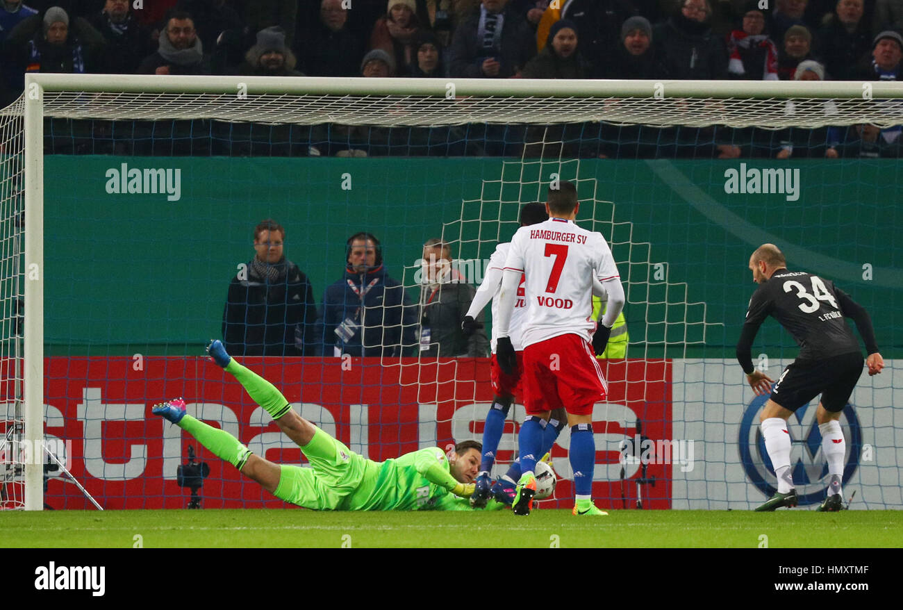 Hamburg's Gideon Jung scores 1-0 during the German DFB Cup match ...