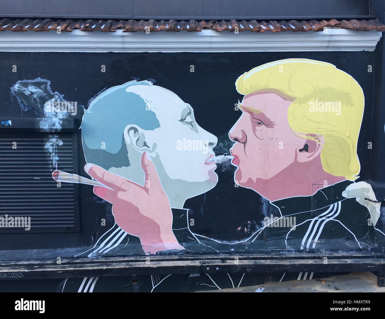 Vilnius, Lithuania. 7th February 2017. Graffiti `Kiss of Vladimir Putin ...