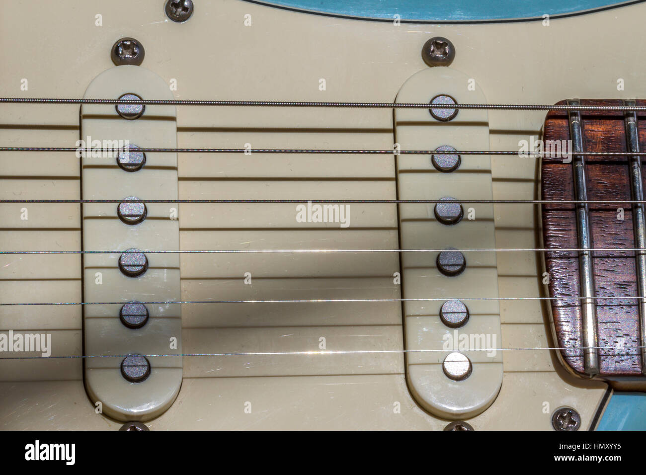 Close up of a Fender Stratocaster electric guitar showing strings ...