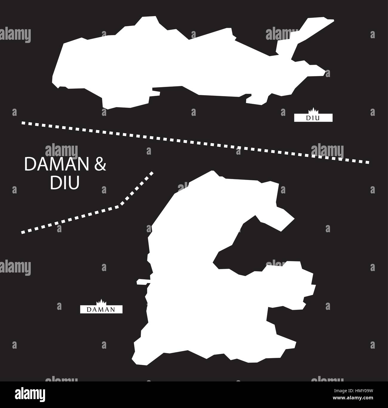 Daman and Diu India Map black inverted silhouette Stock Vector Image ...