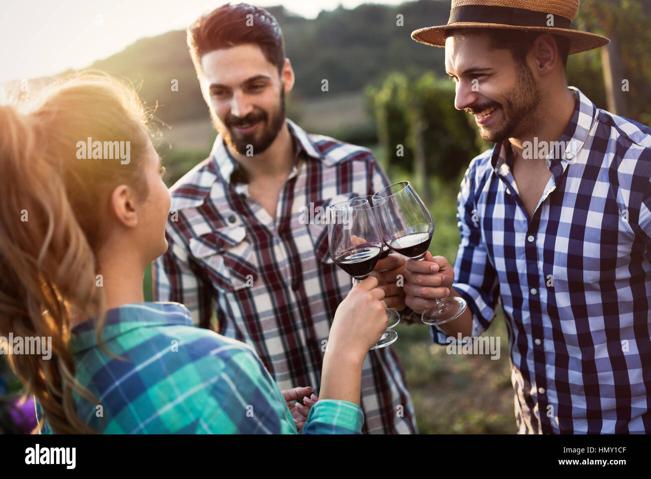 Happy people tasting wine in vineyard Stock Photo - Alamy