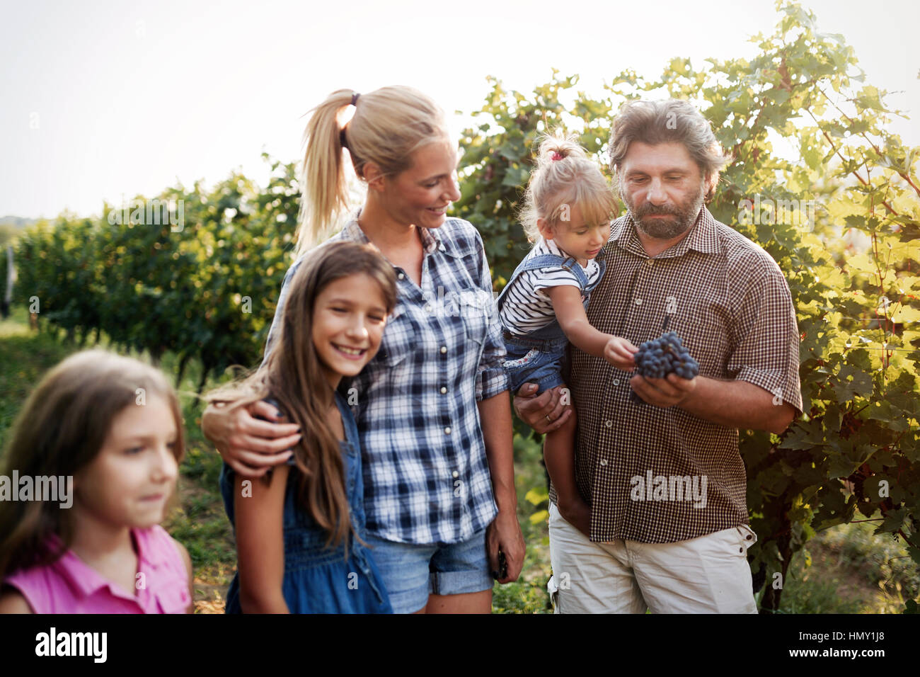 Happy winegrower family in vineyard before harvesting Stock Photo - Alamy