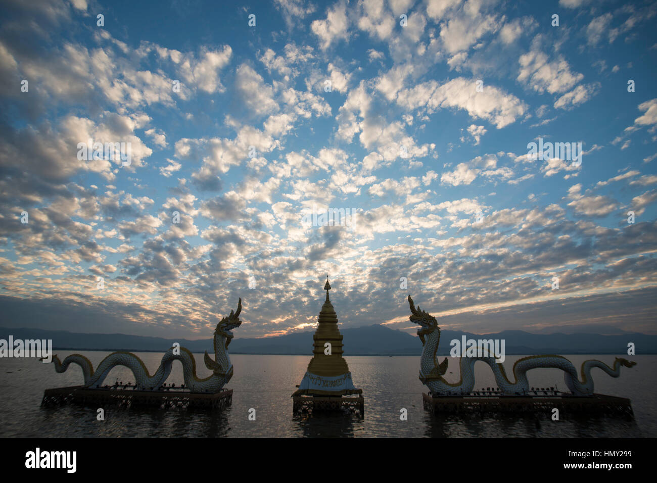 the phayanak or Naga Statue in the landscape at the lake of Kwan Phayao ...