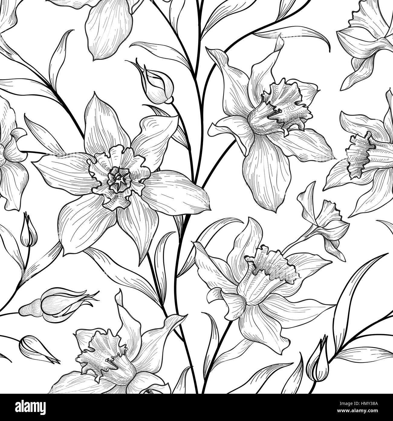 Floral seamless pattern. Flower black and white background. Florals ...
