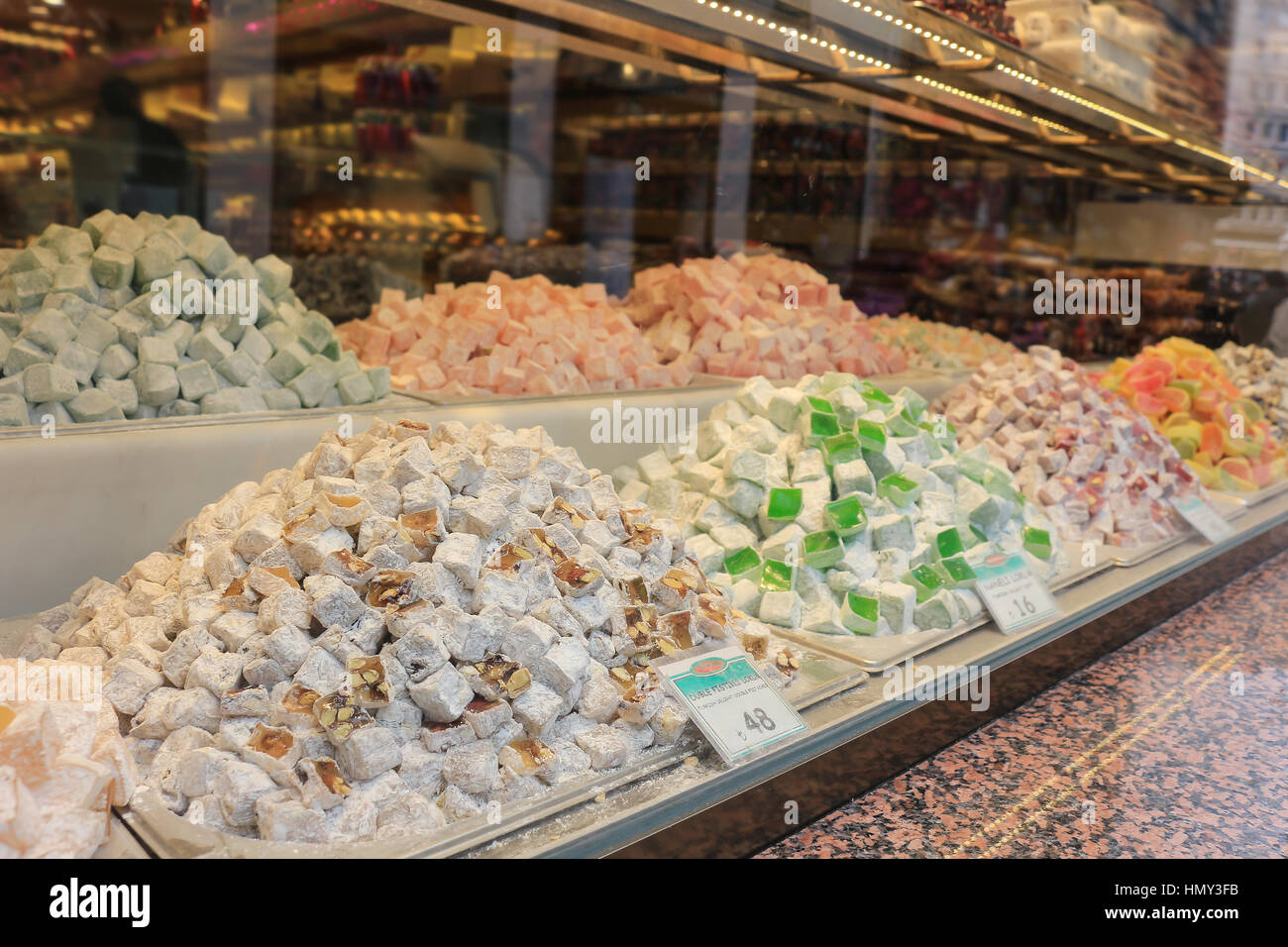 Variety of colorful Turkish delight specialty candies in different ...