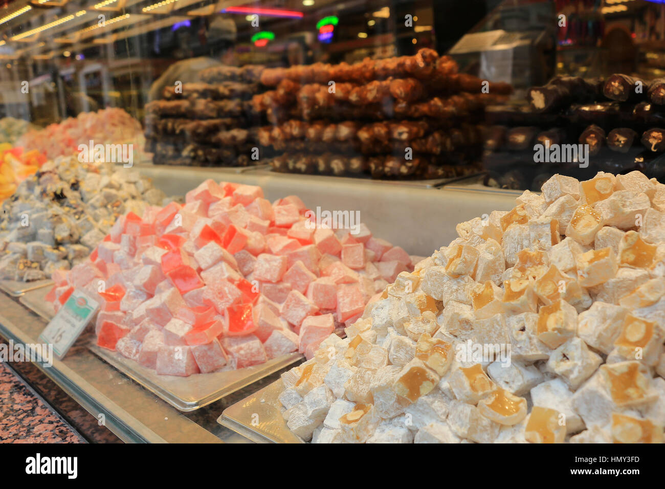 Variety of colorful Turkish delight specialty candies in different ...