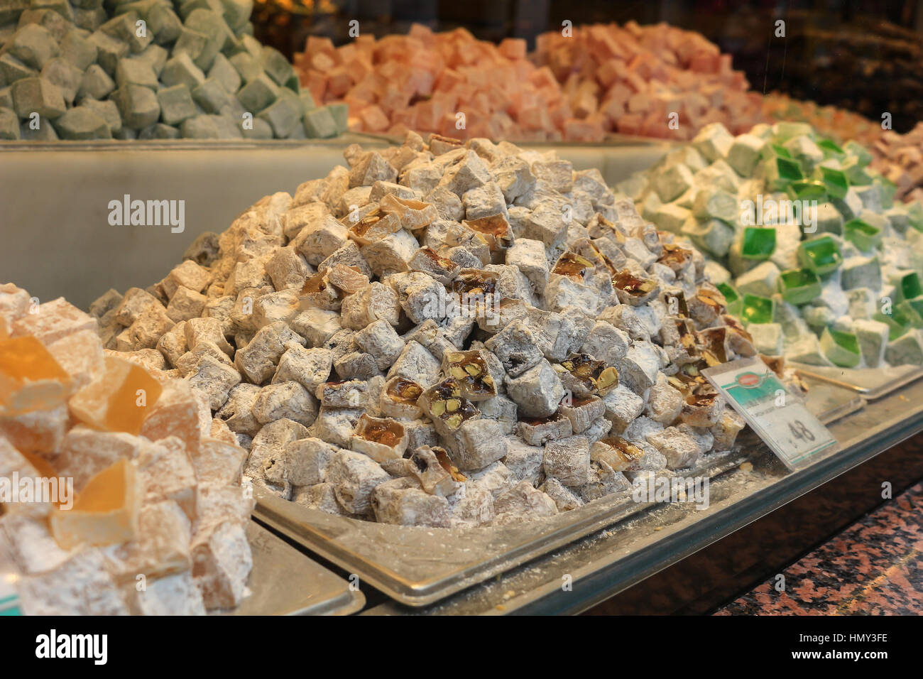 Variety of colorful Turkish delight specialty candies in different ...