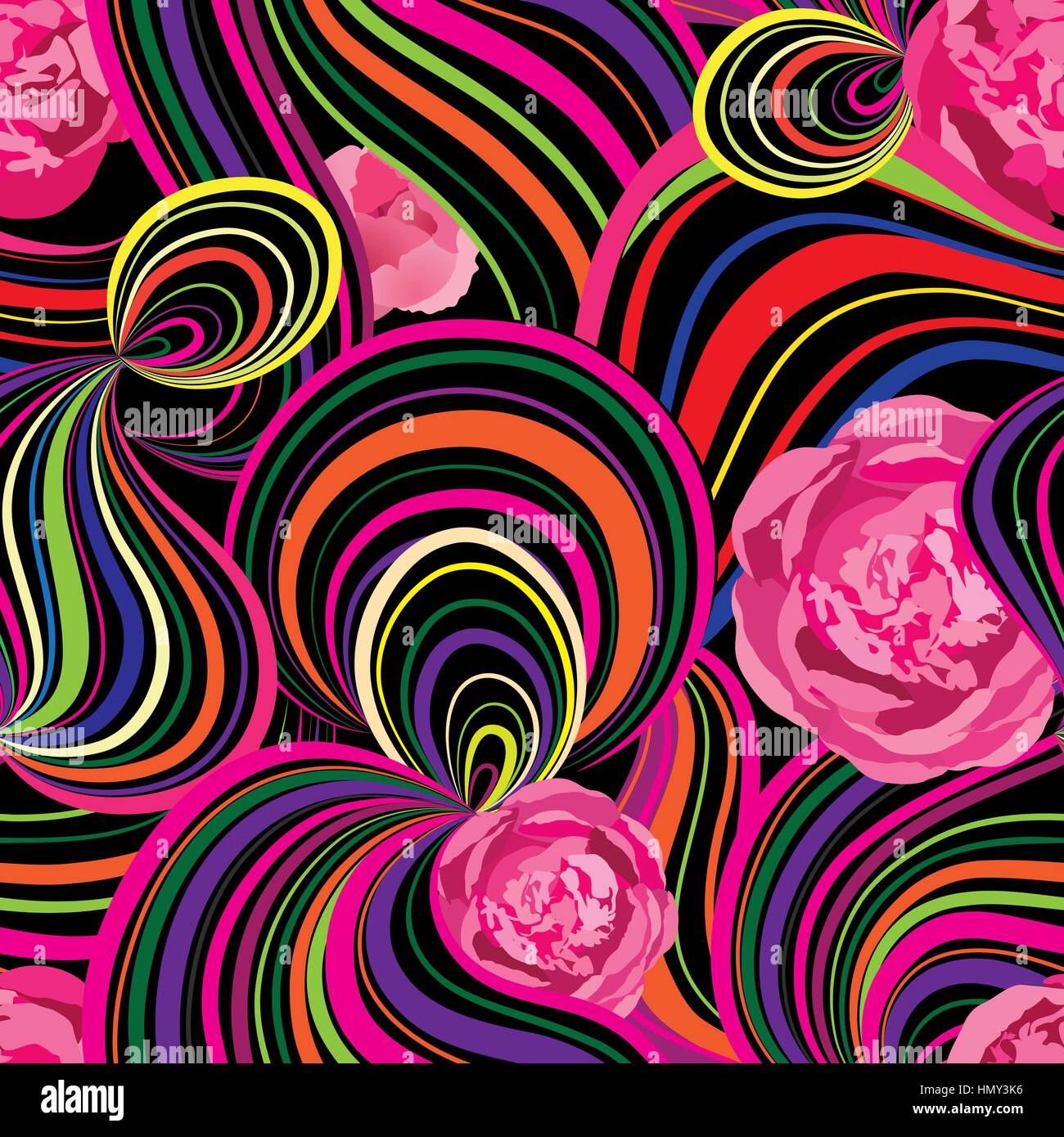 Abstract wave line and loops seamless pattern. Swirl wavy flower ...