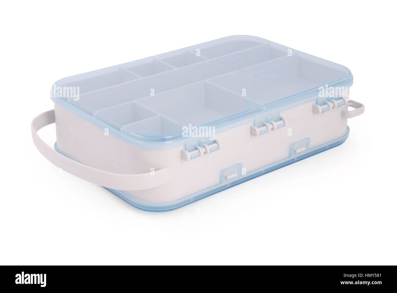 White plastic box for fishing tackle on an isolated white background ...