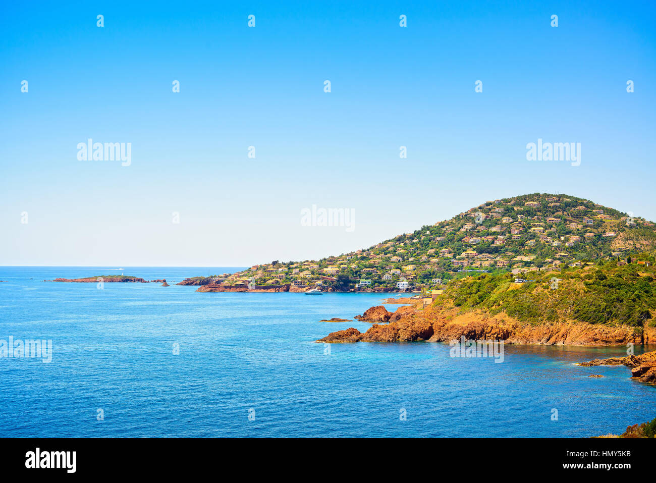 Agay in Esterel mediterranean red rocks coast, beach and sea. French ...
