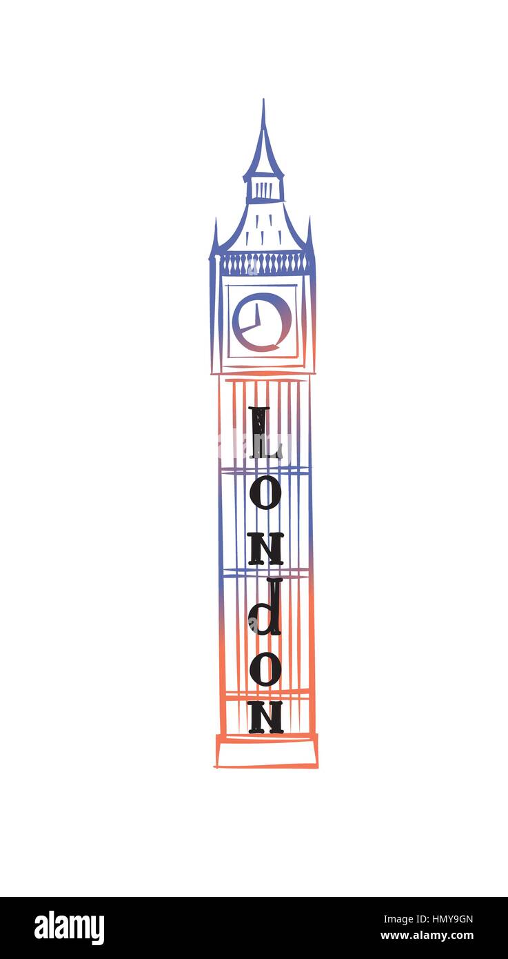 London sign hand lettering. British jack flag colored Big Ben tower ...