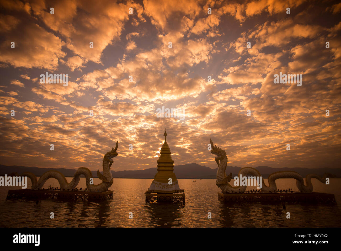 the phayanak or Naga Statue in the landscape at the lake of Kwan Phayao ...